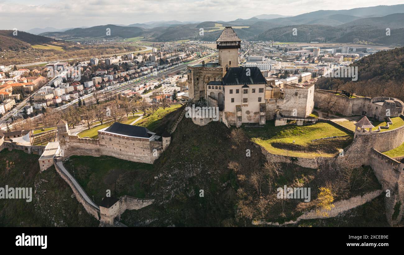 Aerial panoramic view of medieval Trenciansky hrad and Trencin town in ...