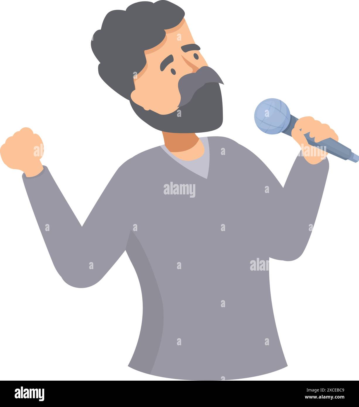 Male singer is performing, holding a microphone and singing into it ...