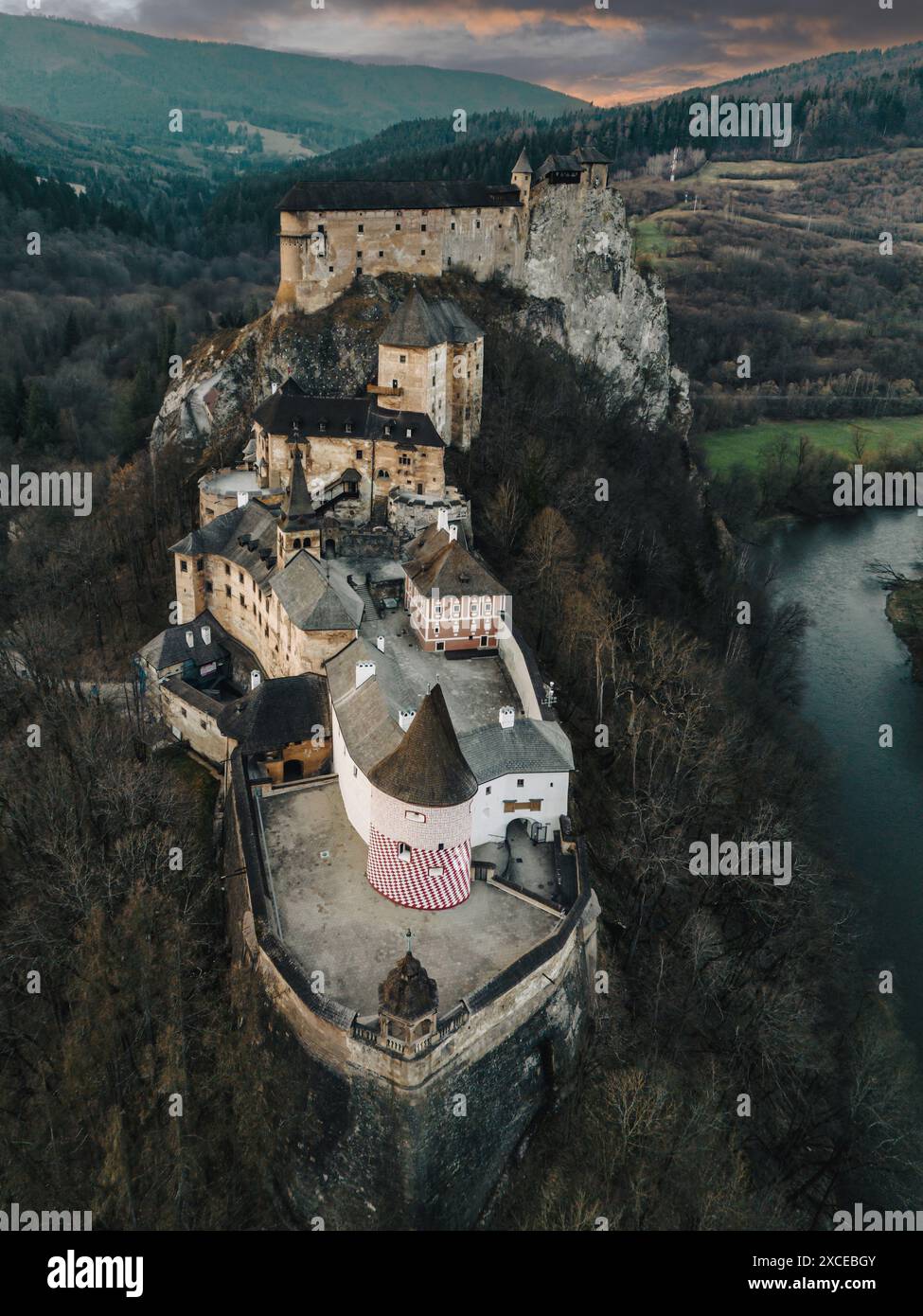 Aerial drone view of Oravsky hrad monument in Slovakia. Night scenic ...