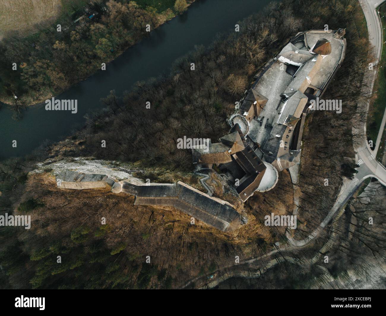 Aerial top down view of Oravsky hrad at evening, famous medieval castle ...