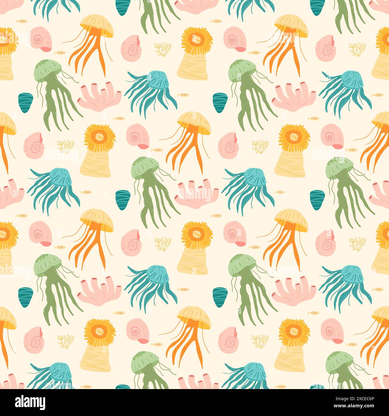 Aquatic Invertebrates seamless pattern. Jellyfishes, sea anemone and ...