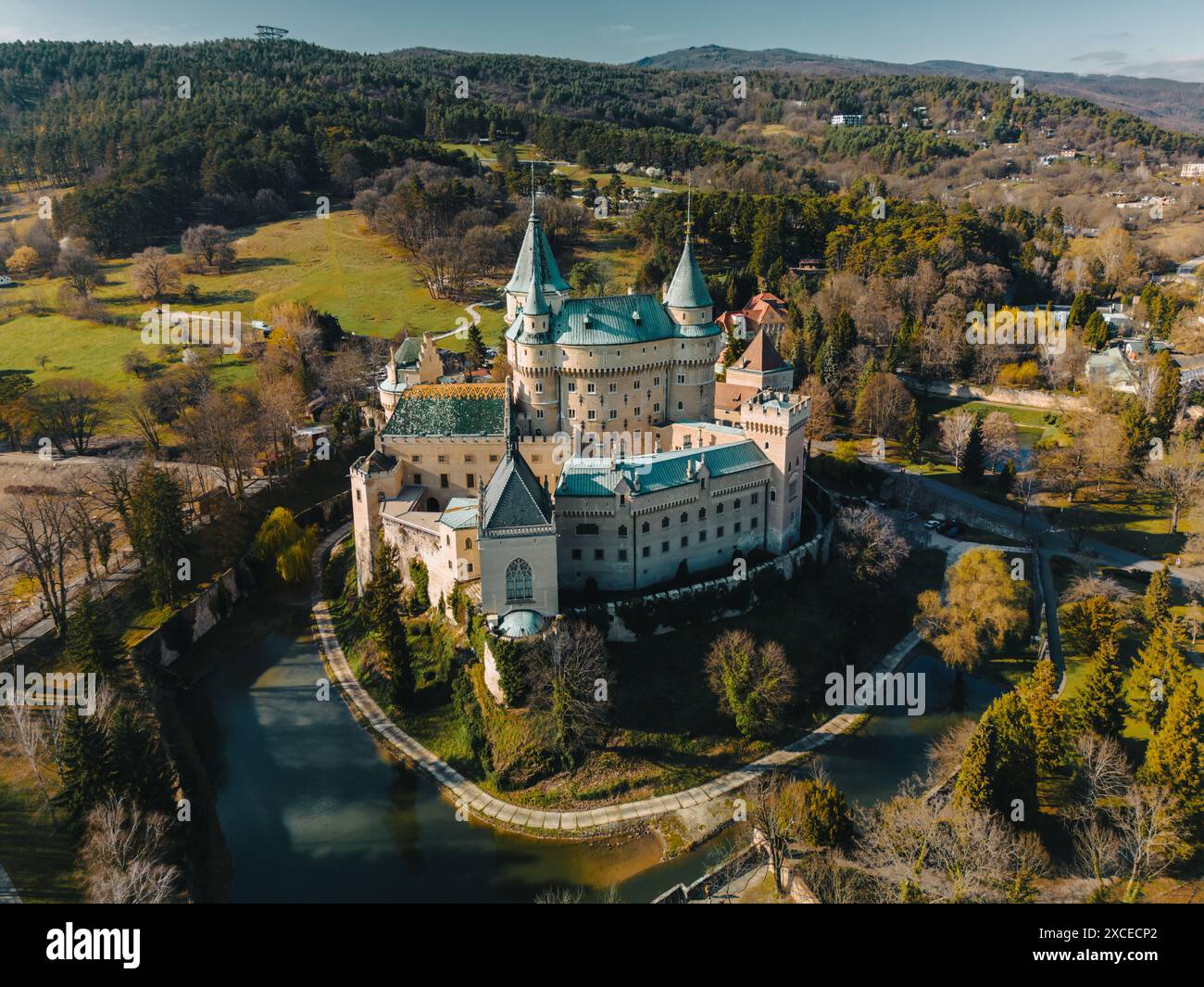 Aerial panoramic view of Bojnicky Zamok, medieval castle in Bojnice ...