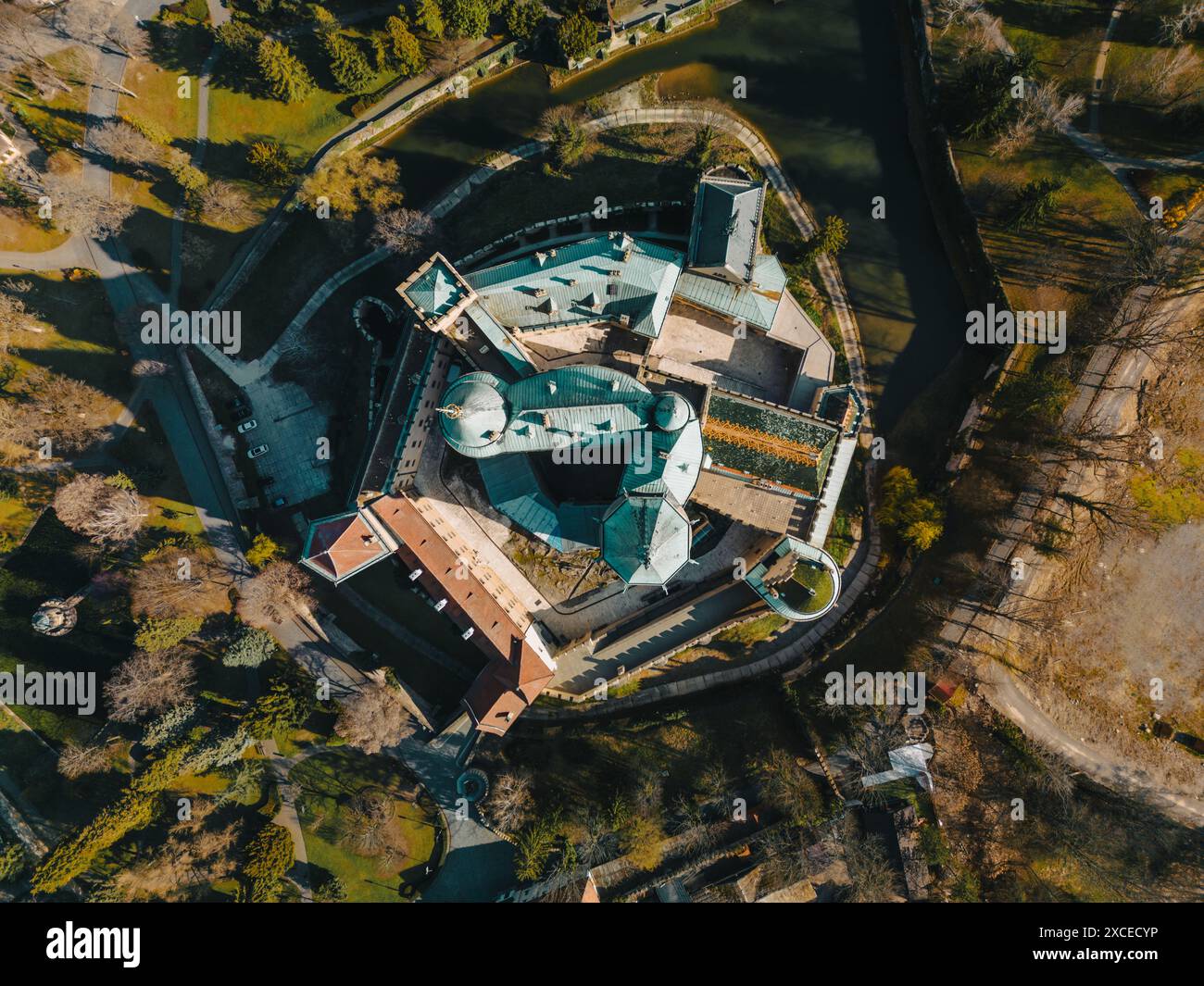 Aerial top down view of Bojnicky Zamok in evening sunlight, famous ...
