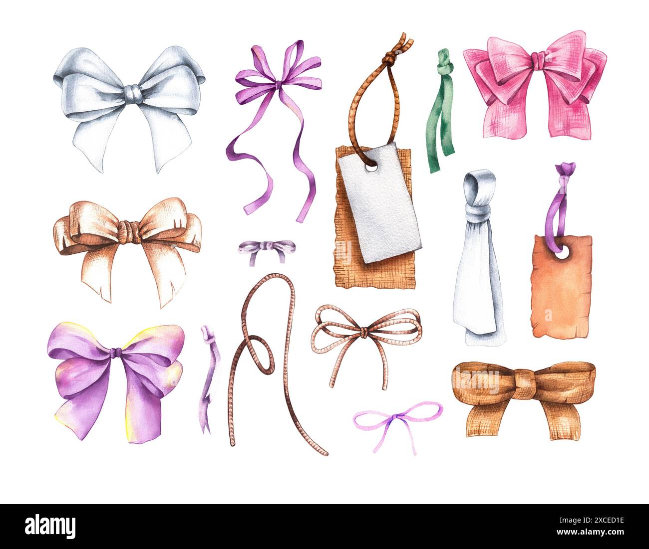 Watercolor set of bows, ribbons and knots. Watercolor silk, craft bows ...