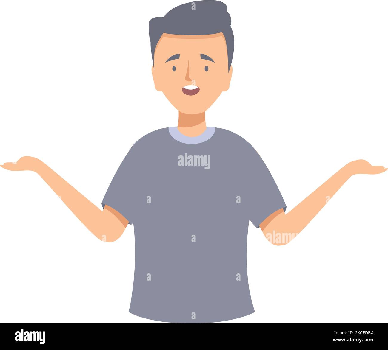 Happy male character is shrugging with raised arms, uncertainty and ...