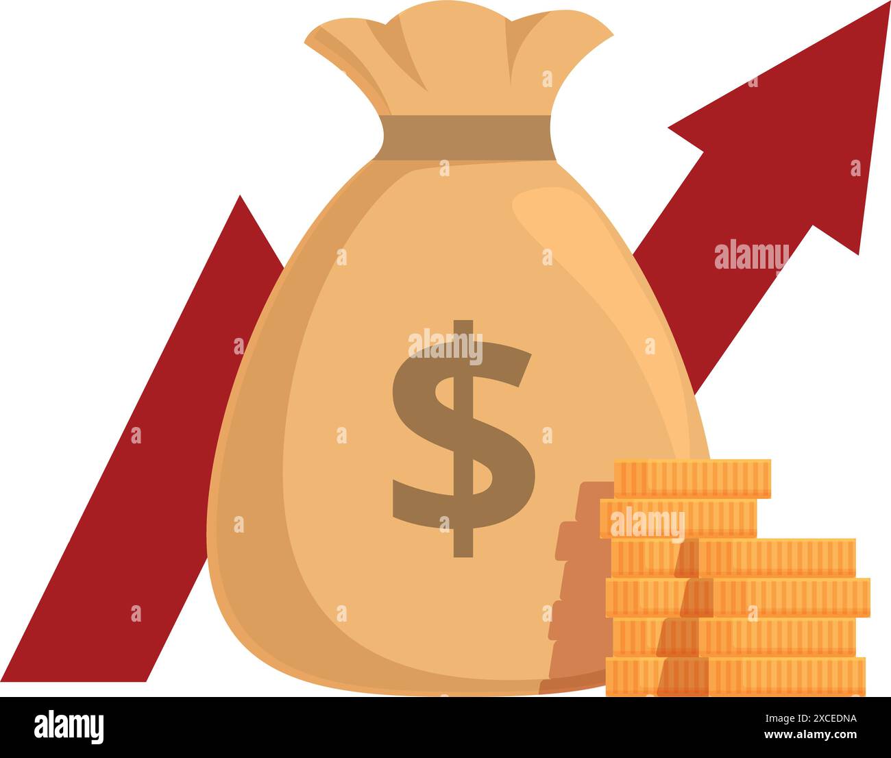 Money bag getting bigger with a growing up red arrow and a stack of ...