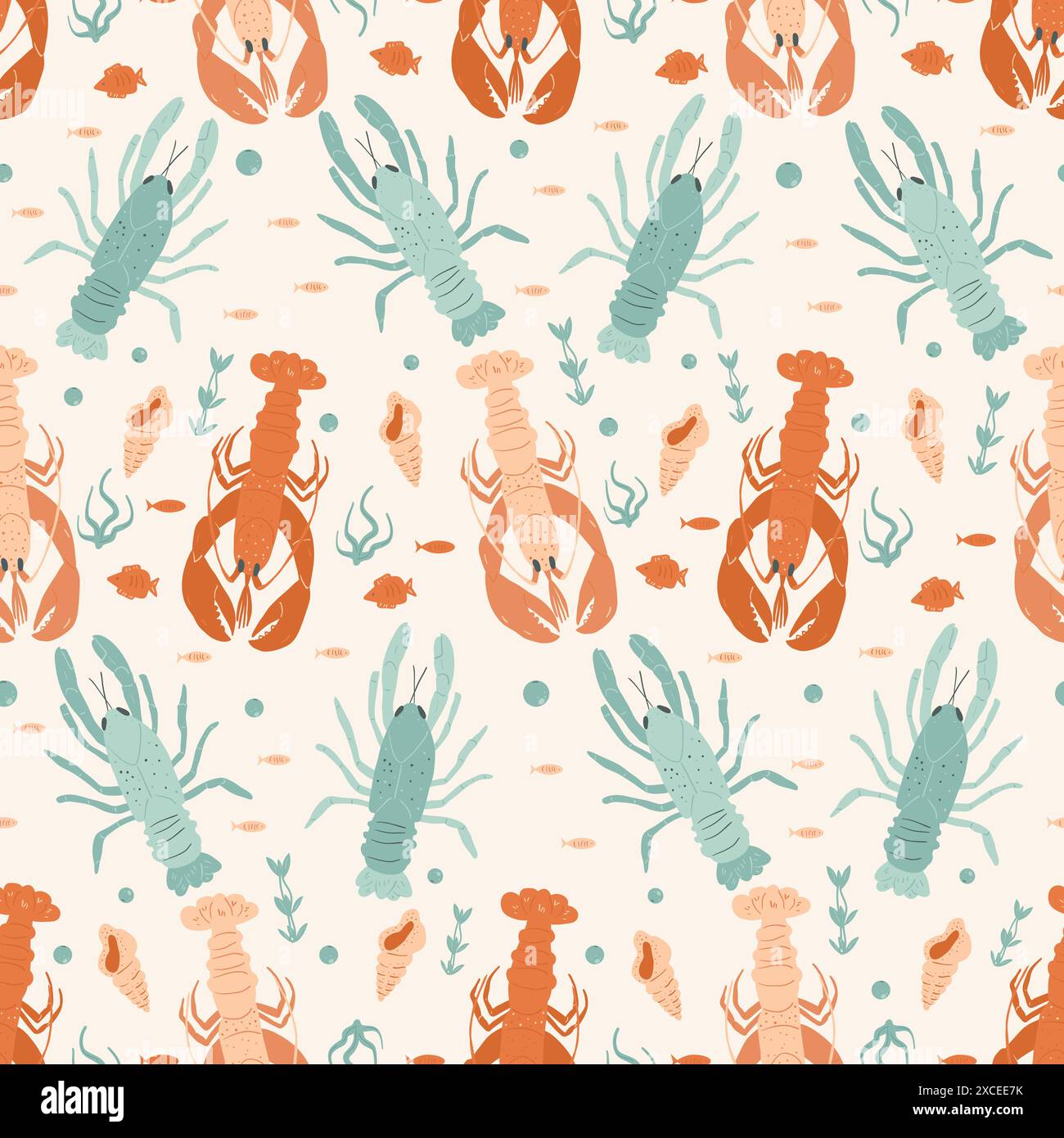 Seamless pattern with Crustaceans. Lobsters and crawfishes with shells ...