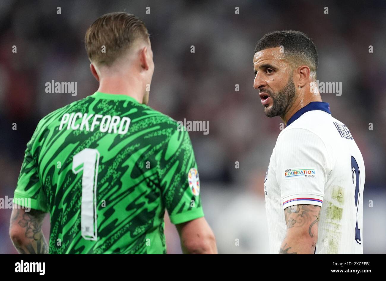 England goalkeeper Jordan Pickford and Kyle Walker during the UEFA Euro ...