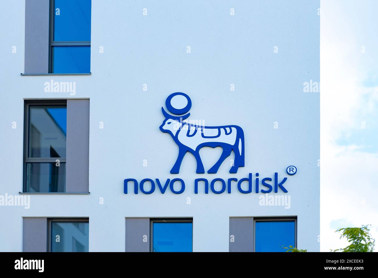 Novo Nordisk advertising logo on facade building, Danish pharmaceutical ...