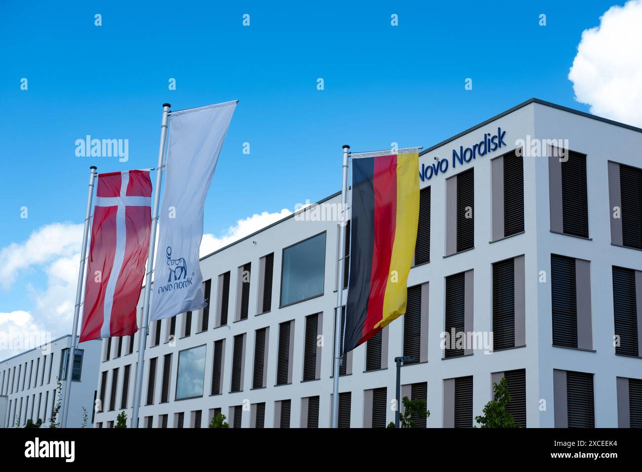 Novo Nordisk advertising flags and logo on facade, Danish ...