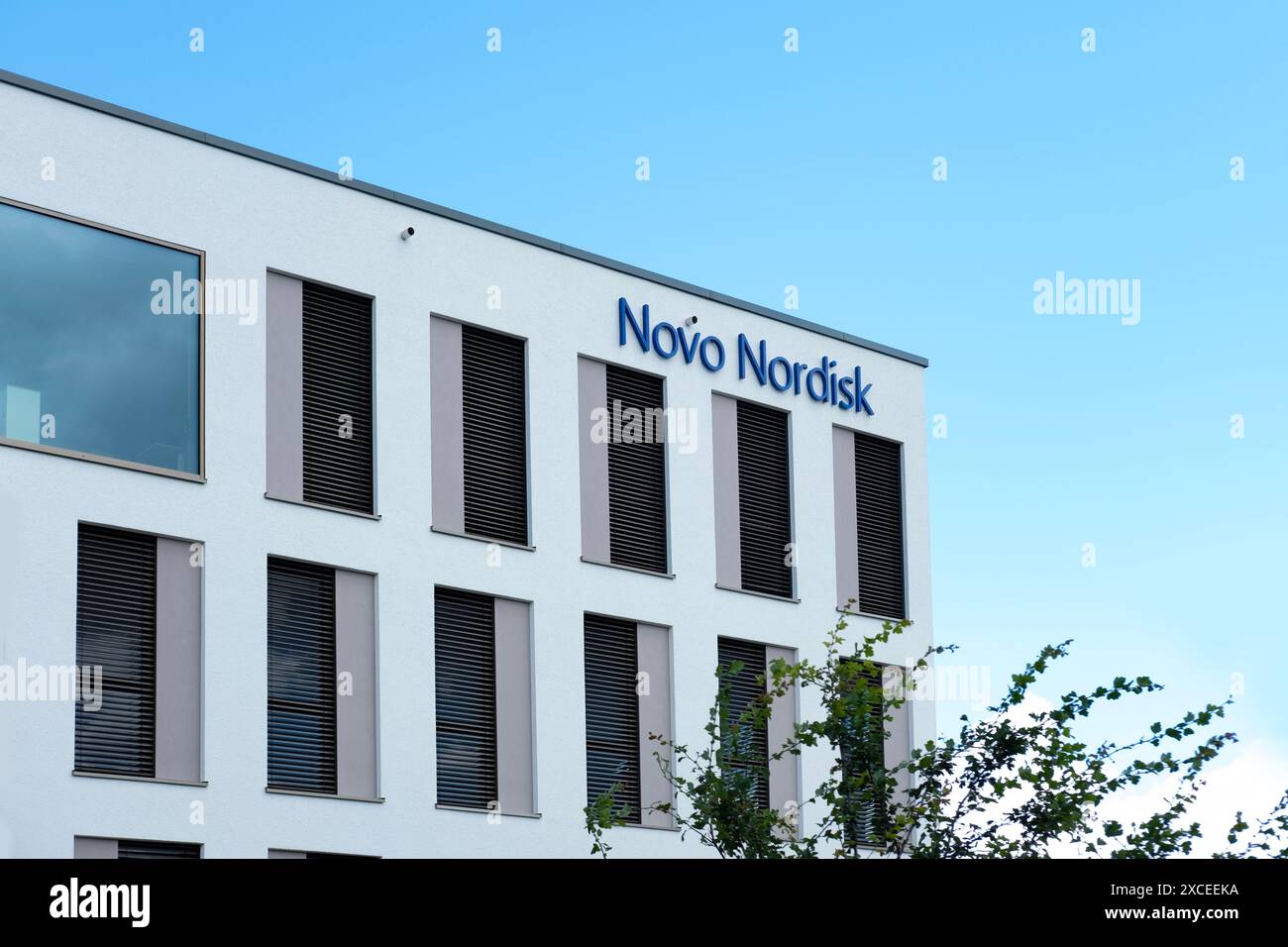 Novo Nordisk advertising logo on facade building, Danish pharmaceutical ...