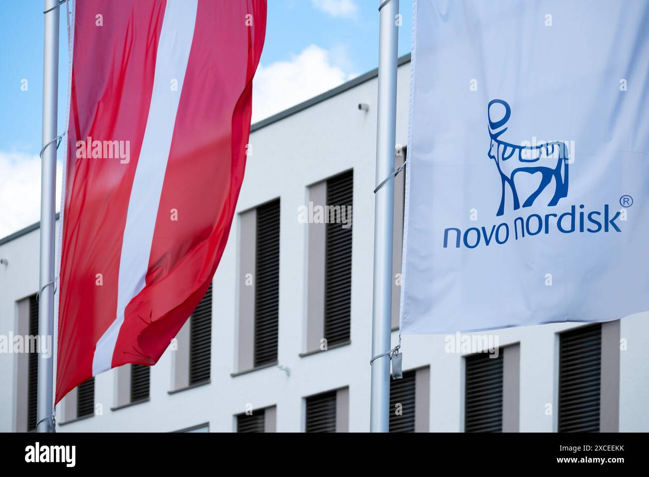 Novo Nordisk advertising flags and logo on facade, Danish ...