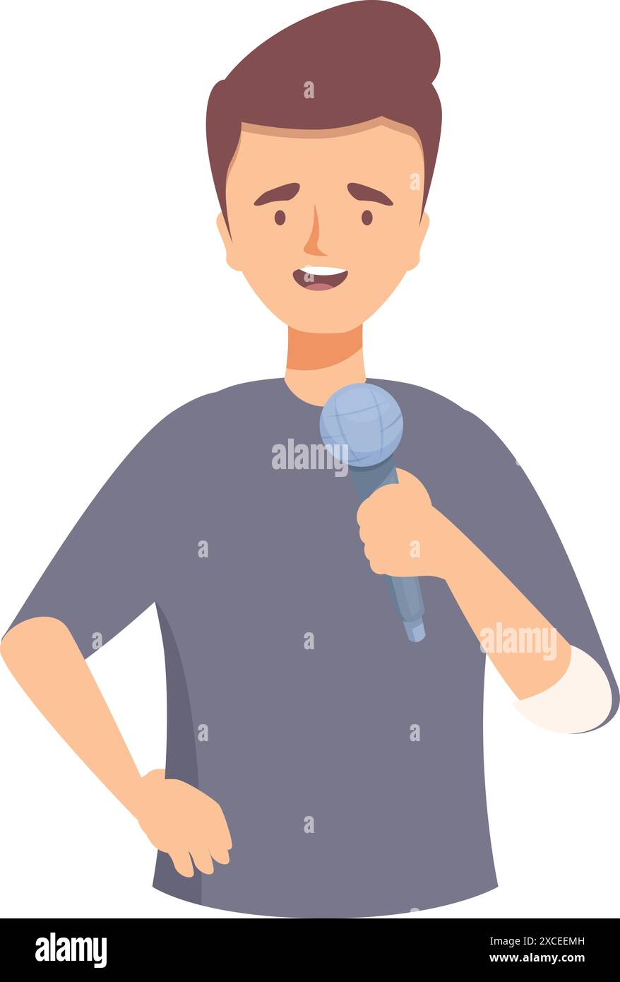 Smiling male character holding microphone, giving a speech or singing a ...