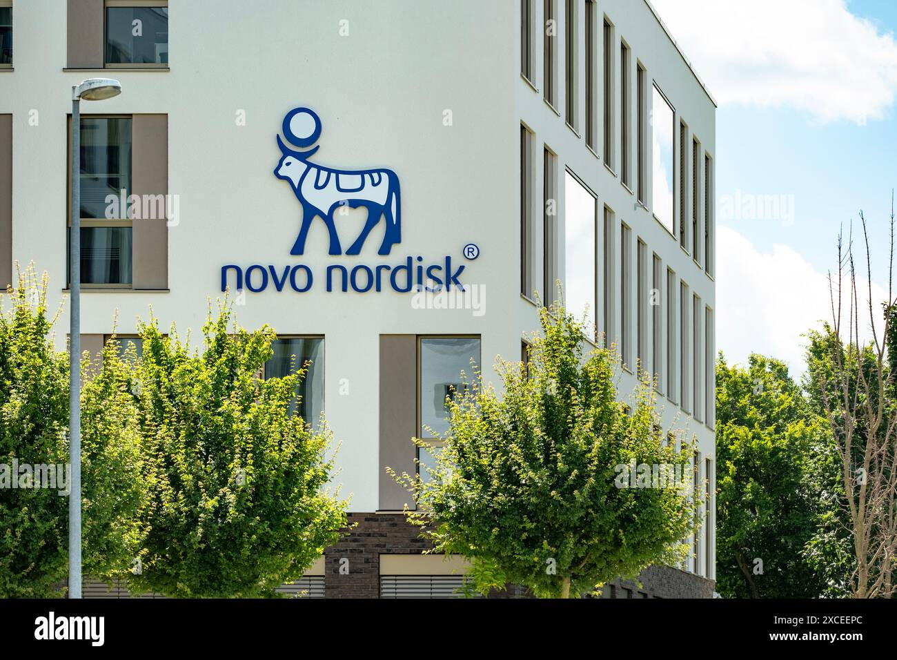 Novo Nordisk advertising logo on facade building, Danish pharmaceutical ...