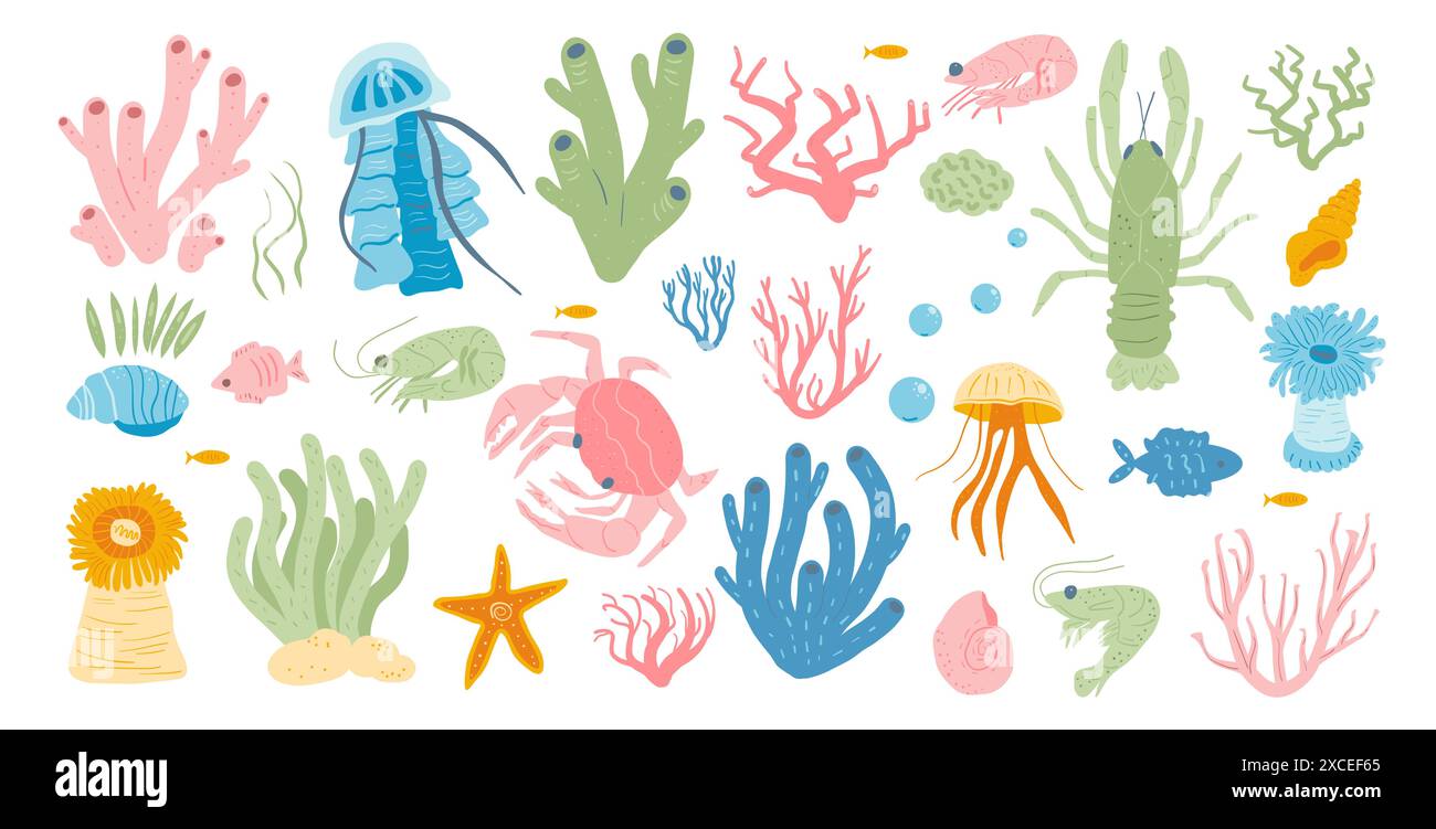 Playful collection of fish, crustaceans, starfish, jellyfish, mollusks ...