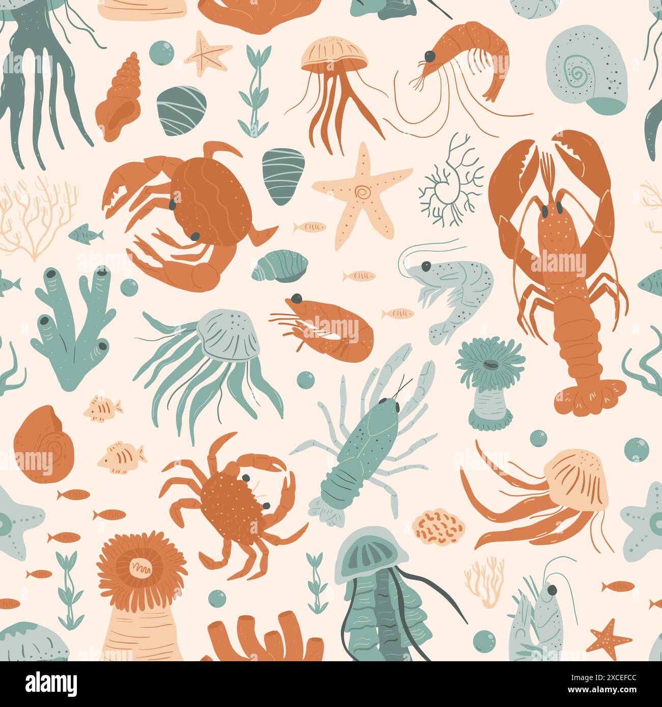 Underwater seamless pattern. Collection of starfish, jellyfish, lobster ...
