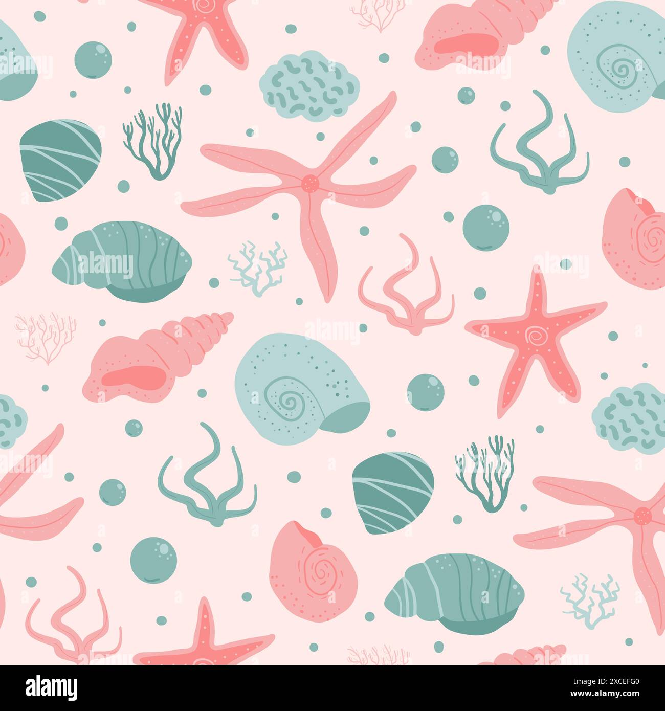 Barnacles and starfish seamless pattern. Shells and seaweed endless ...