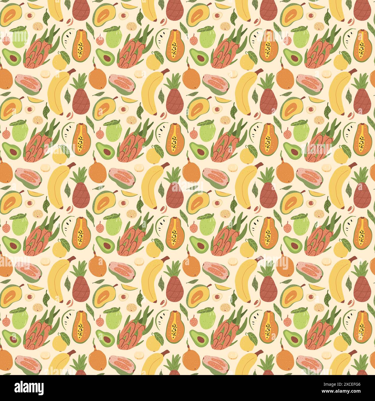 Exotic fruits seamless pattern. Tropical sweet cut and whole fruit food ...