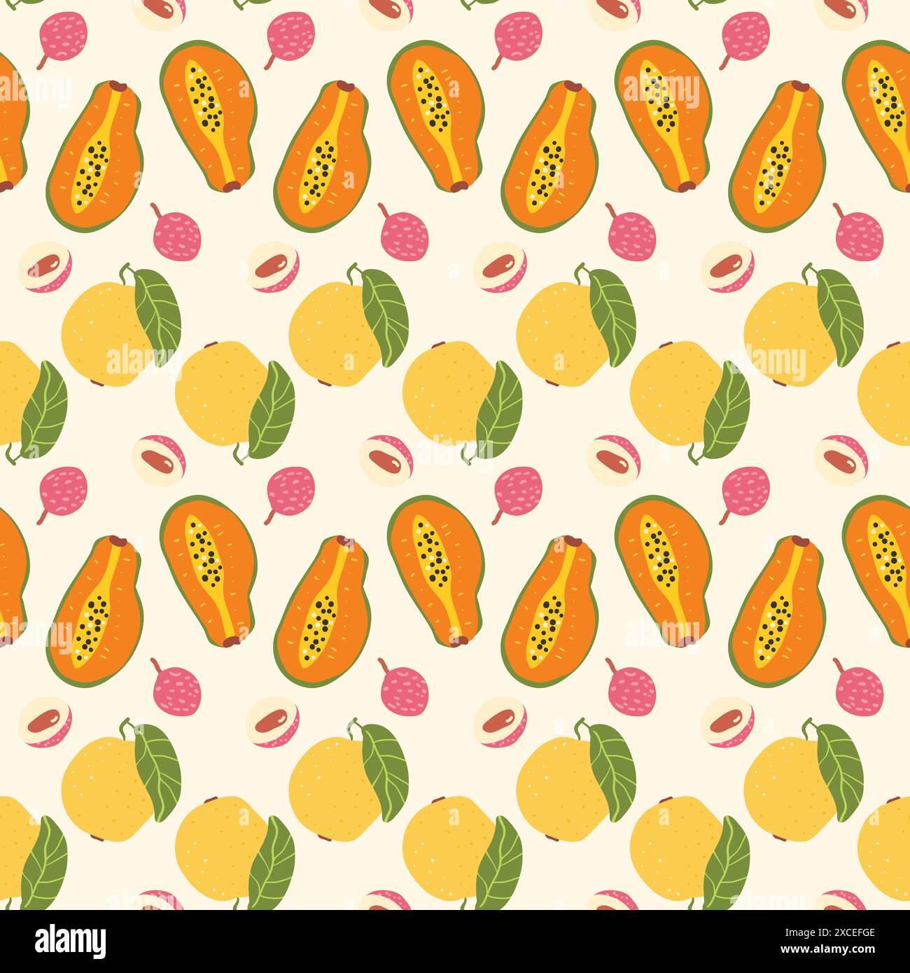 Papaya, guava and lychee seamless pattern. Tropical ripe half slices ...
