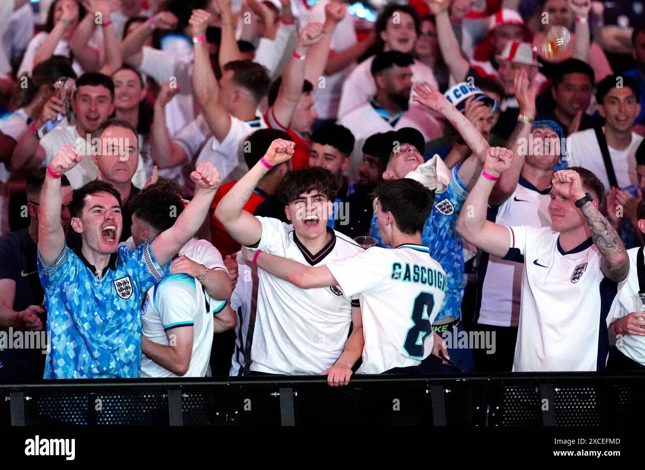 England fans at the BOXPark Wembley in London celebrate after watching ...