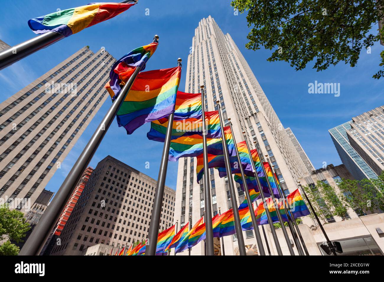 Rockefeller Center with installation of rainbow color flags celebrating LGBTQ+ Pride month ...
