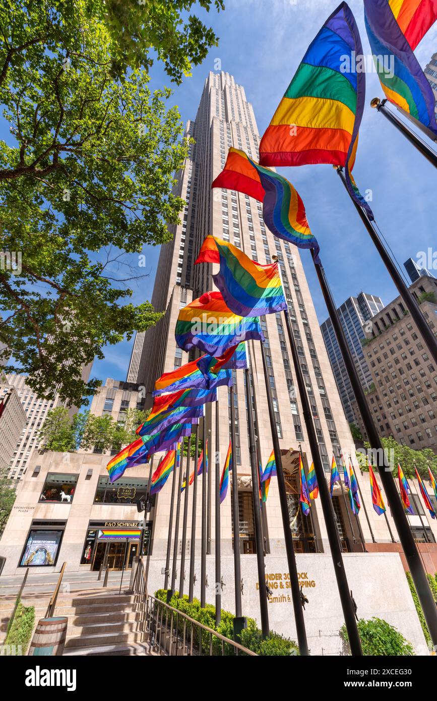 Rockefeller Center with installation of rainbow color flags celebrating LGBTQ+ Pride month ...