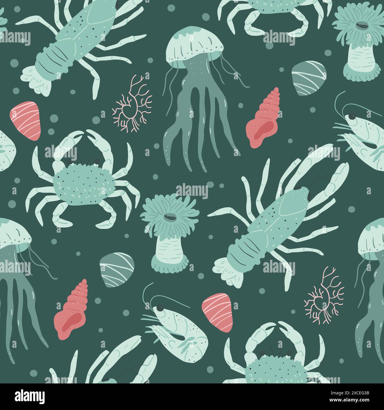 Marine creatures seamless pattern with stylized lobsters, jellyfish ...