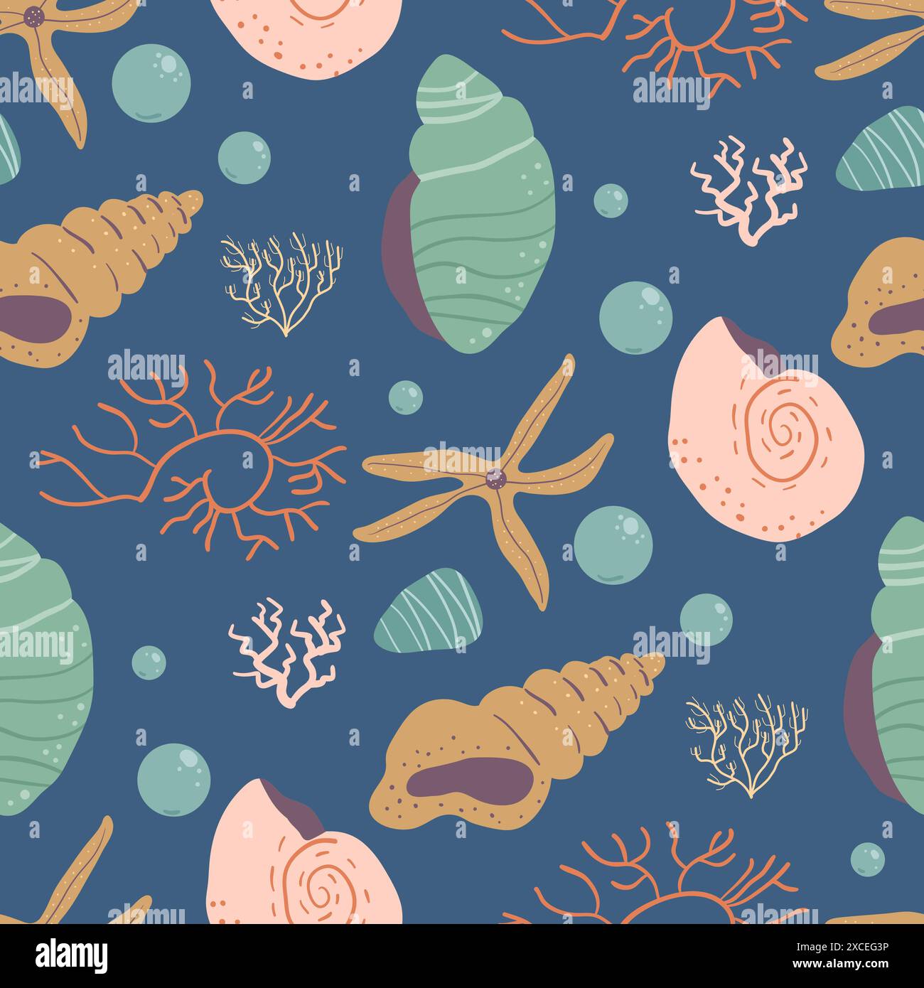 Shells , starfish and algae seamless pattern. Barnacles and underwater ...