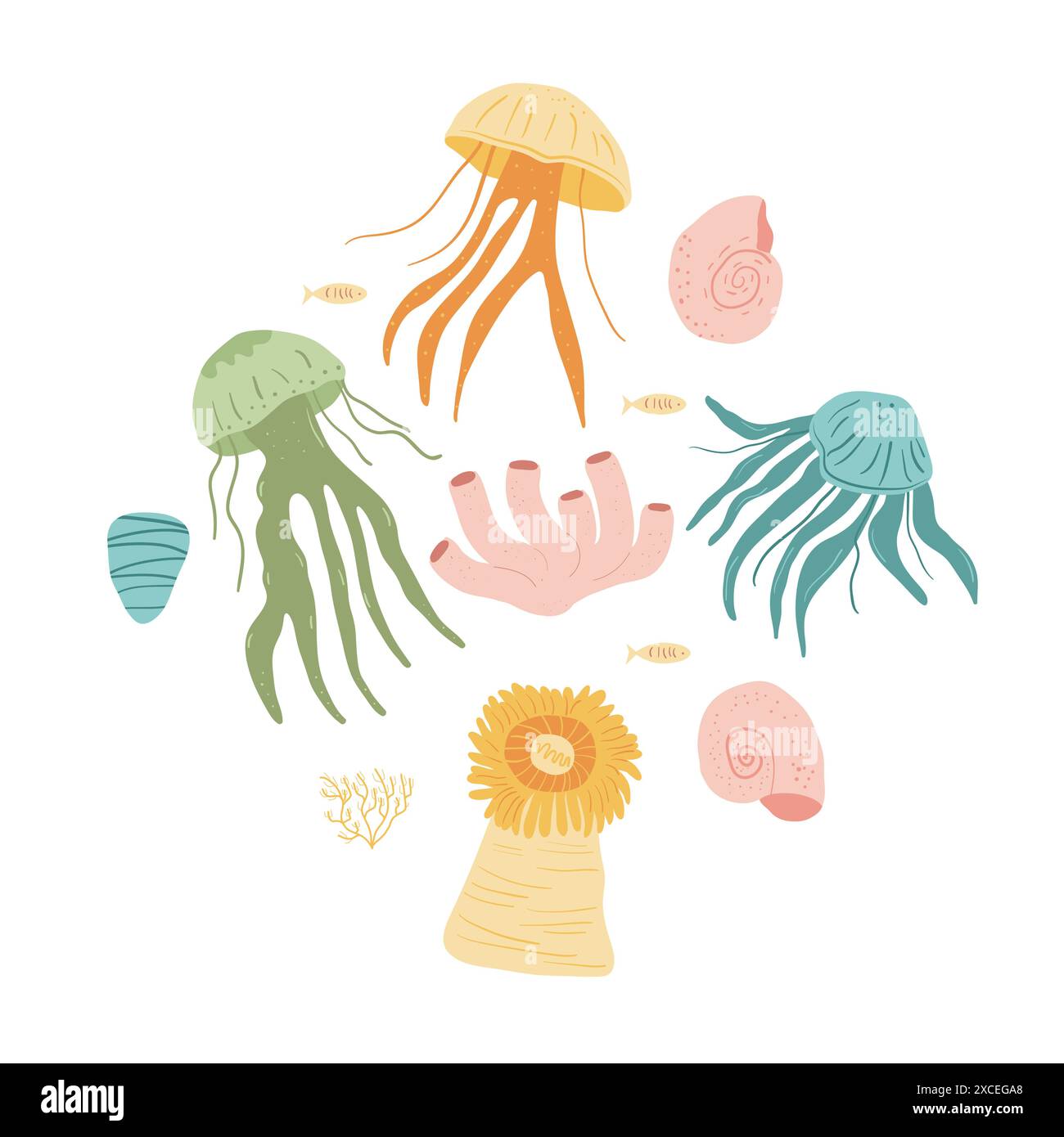 Round badge of underwater life. Ocean animals and marine life. Aquatic ...