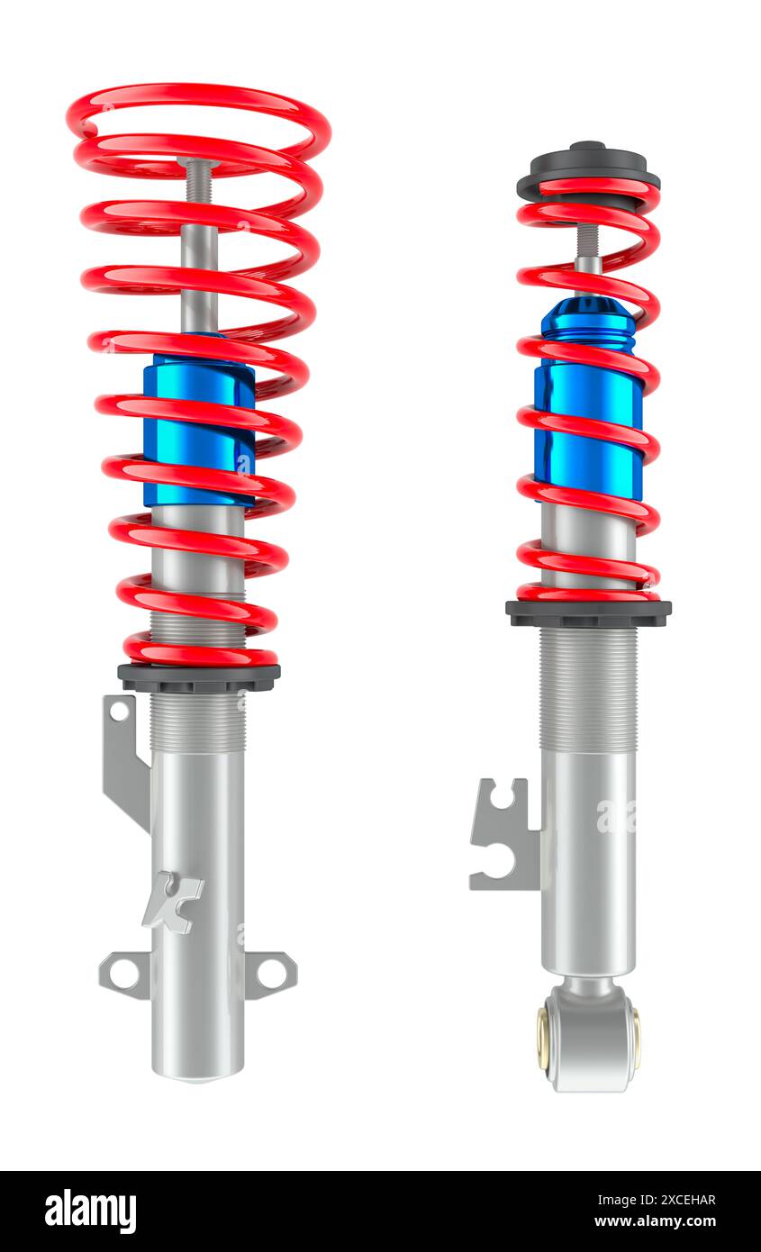 Front and rear shock absorbers, 3D rendering isolated on white ...