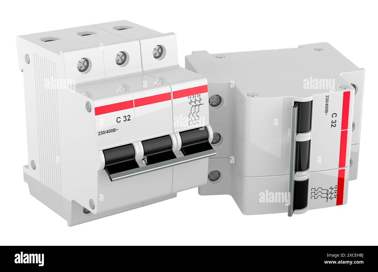 Set of three-pole miniature circuit breakers. 3D rendering isolated on ...