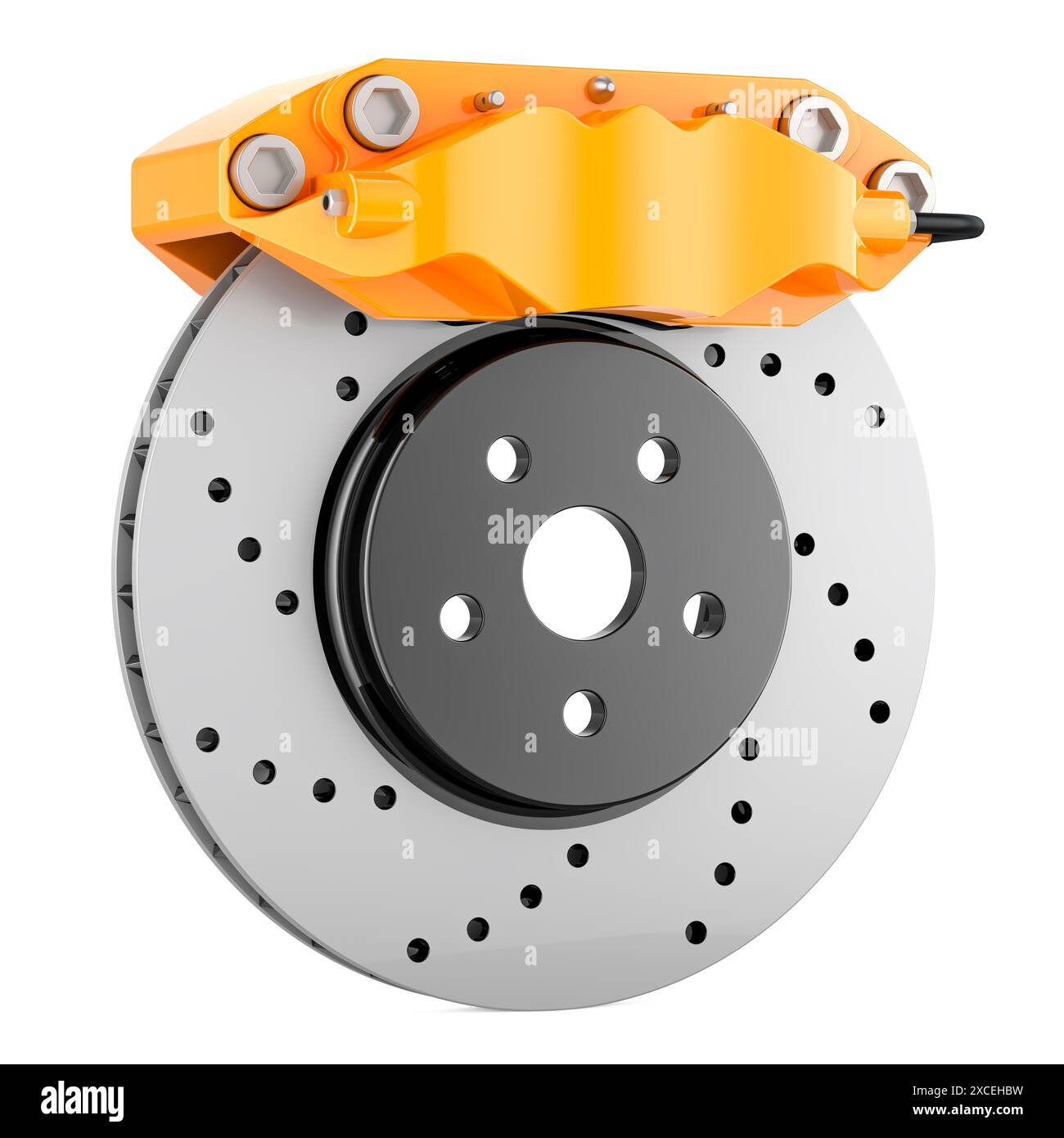 One Car Disc Brake with Caliper, 3D rendering isolated on white ...