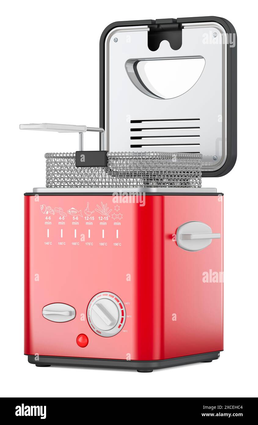 Deep Fat Fryer, red color. 3D rendering isolated on white background ...