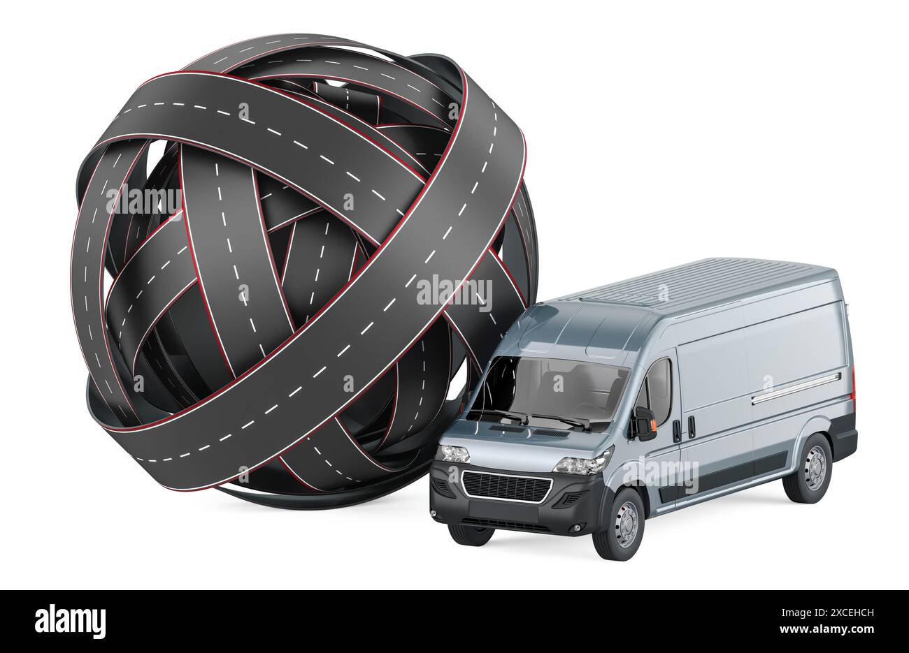 Tangled ball of roads with commercial delivery van. 3D rendering ...