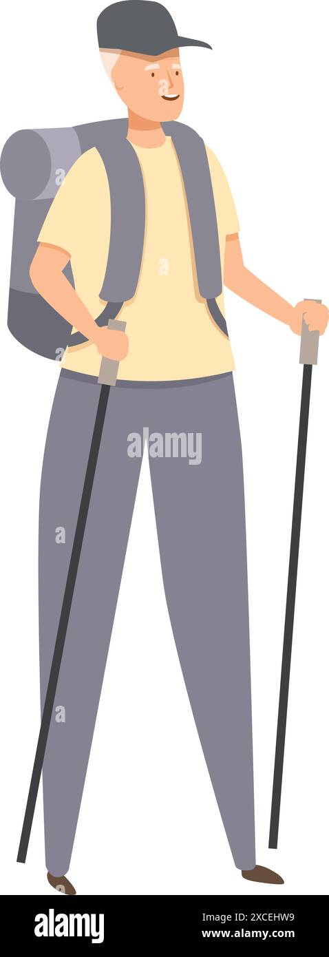 Senior man hiking with backpack and trekking poles enjoying outdoor ...