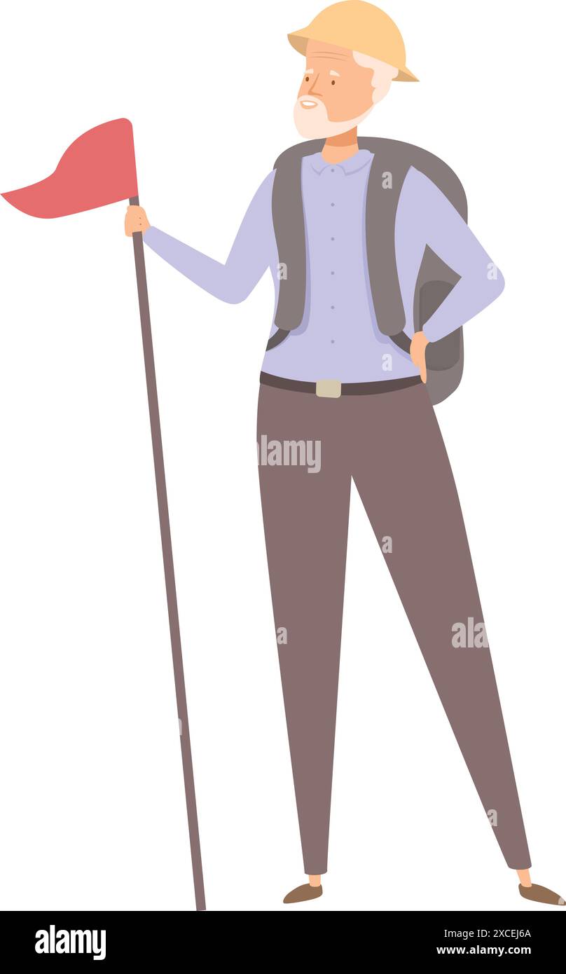 Elderly tourist with backpack and red flag is enjoying hiking trip ...