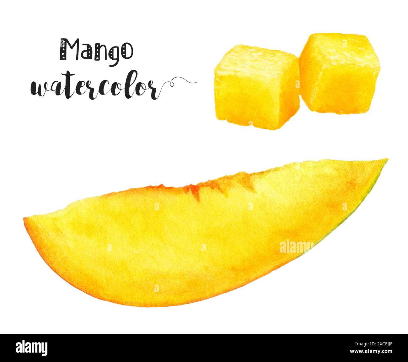 Watercolor painting featuring mango slice and cubes, a vibrant and ...