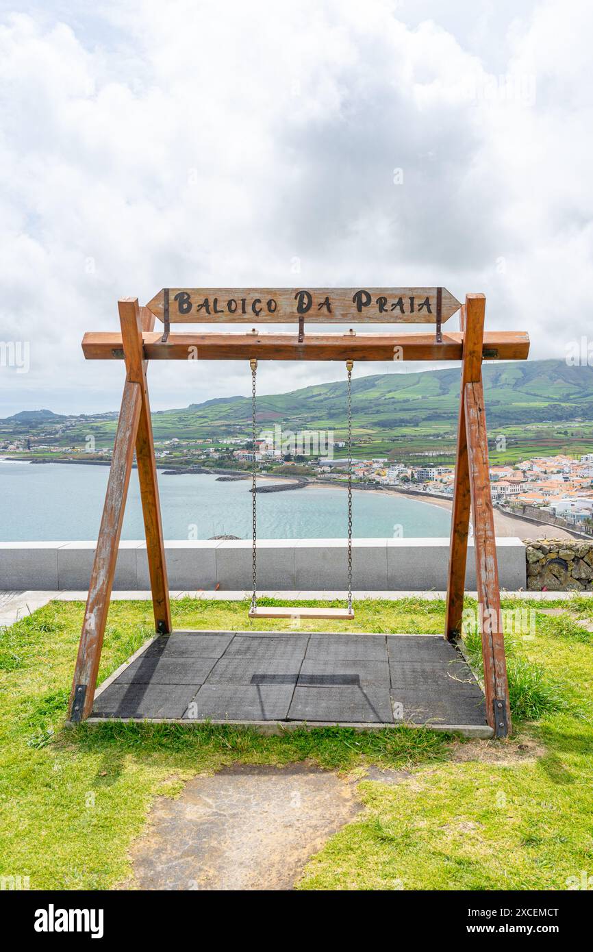 Beach swing with aerial view of the marina and Vitoria bay and beach ...