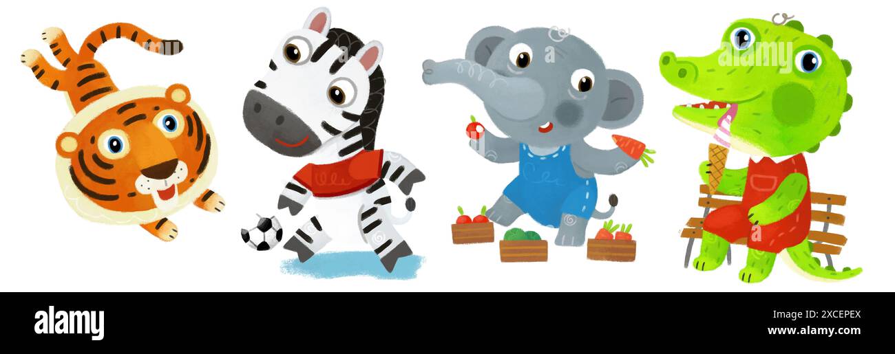 cartoon scene with happy little boy tiger cat and zebra horse with ball ...