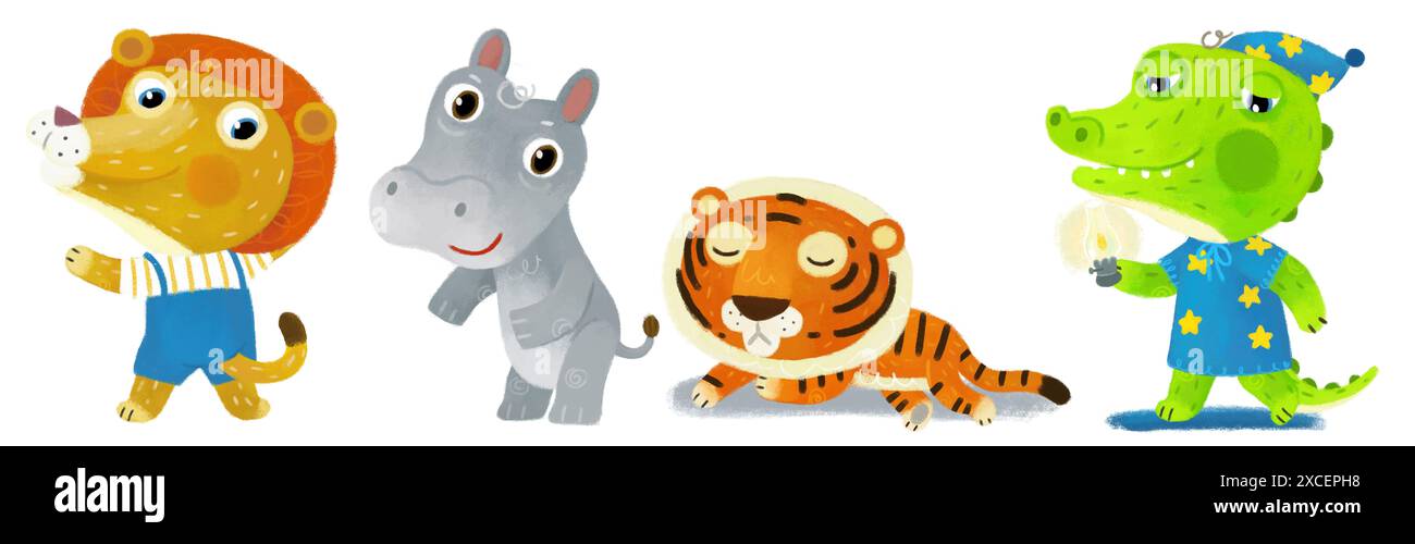 cartoon scene with happy little boy lion cat and hippo hippopotamus ...
