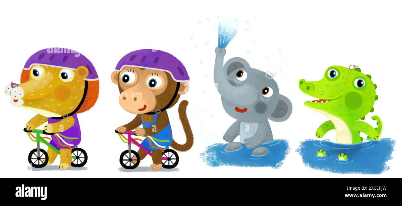 cartoon scene with happy little boy lion cat riding on an bicycle and ...