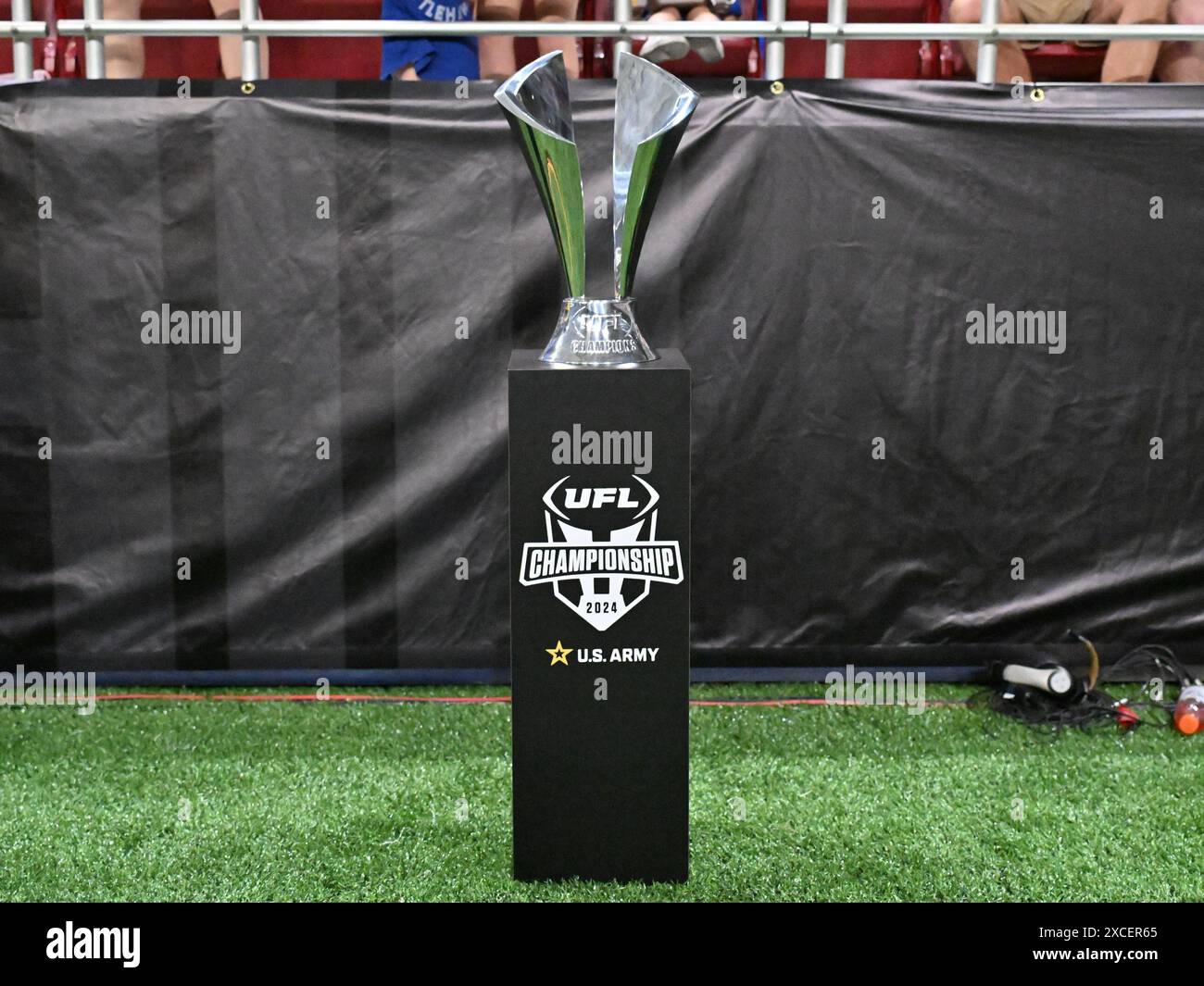 St. Louis, Missouri, USA. 16th June, 2024. The UFL Championship trophy ...