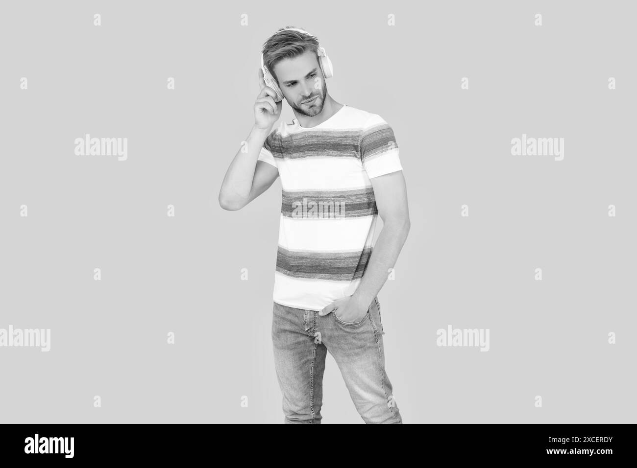 millennial lifestyle man listening to music. millennial man wears ...