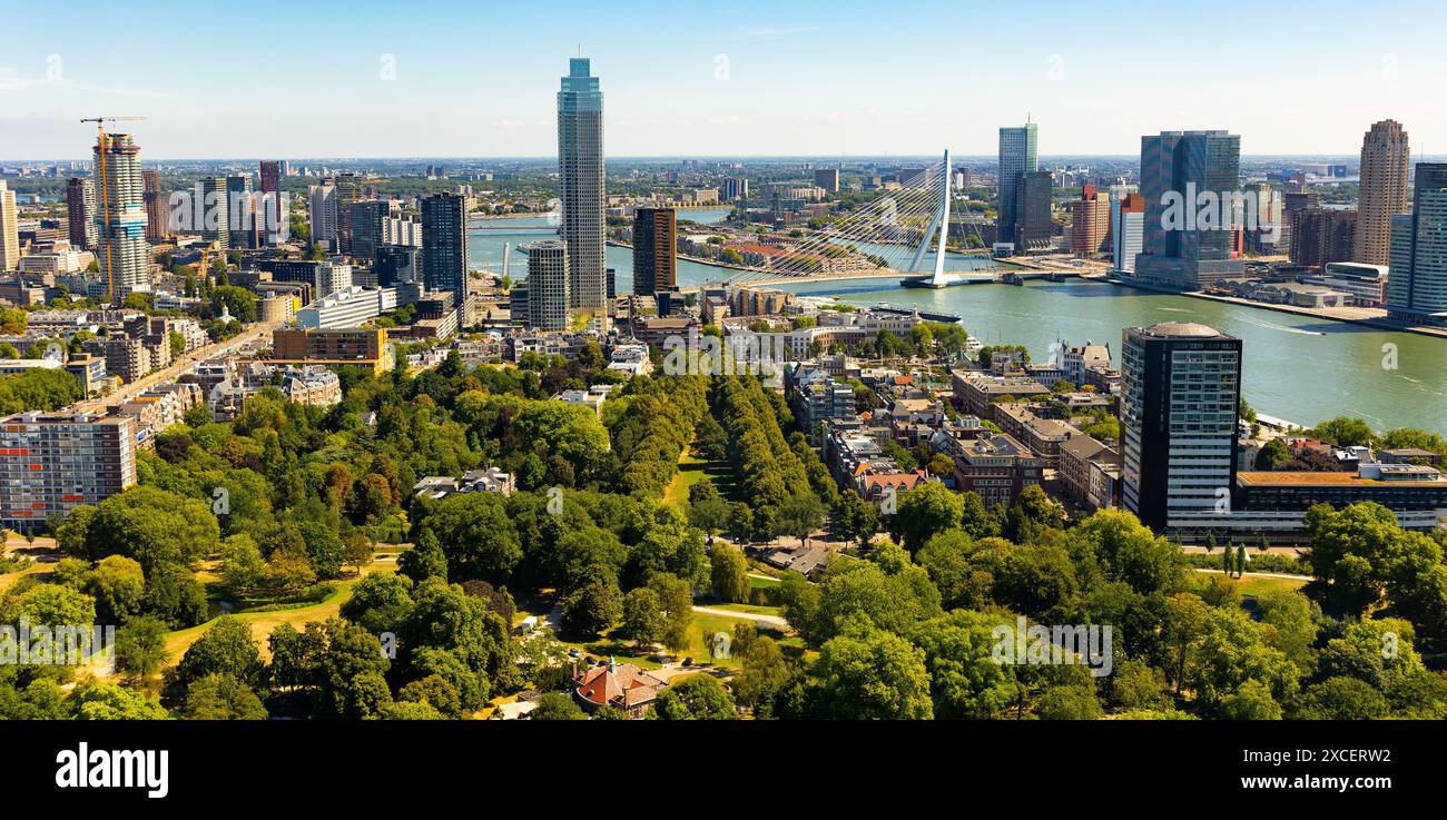View from drone of Rotterdam city with modern districts and Erasmus ...