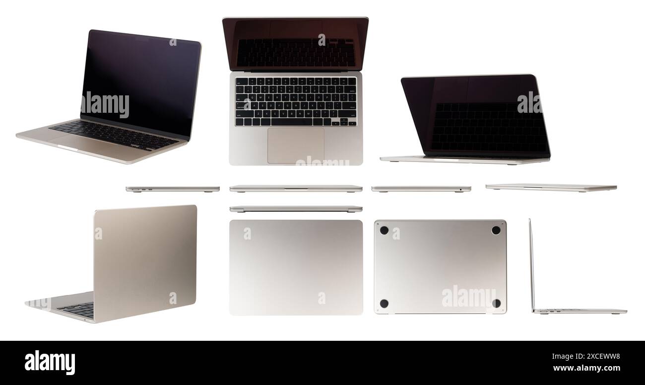Different view of modern laptop open and closed position isolated Stock ...