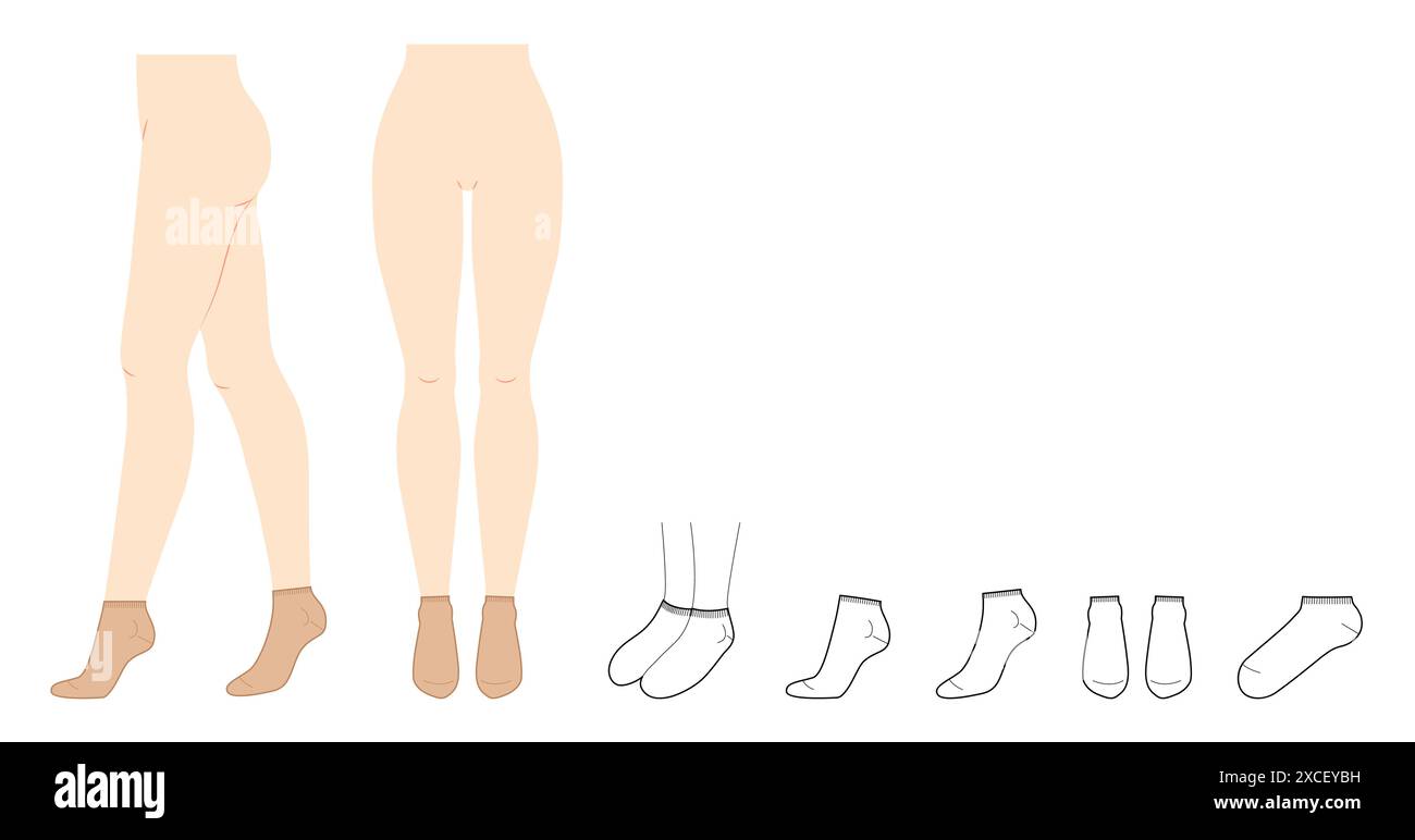 Ankle Socks set on women legs and CAD flat template mockup. Hosiery ...