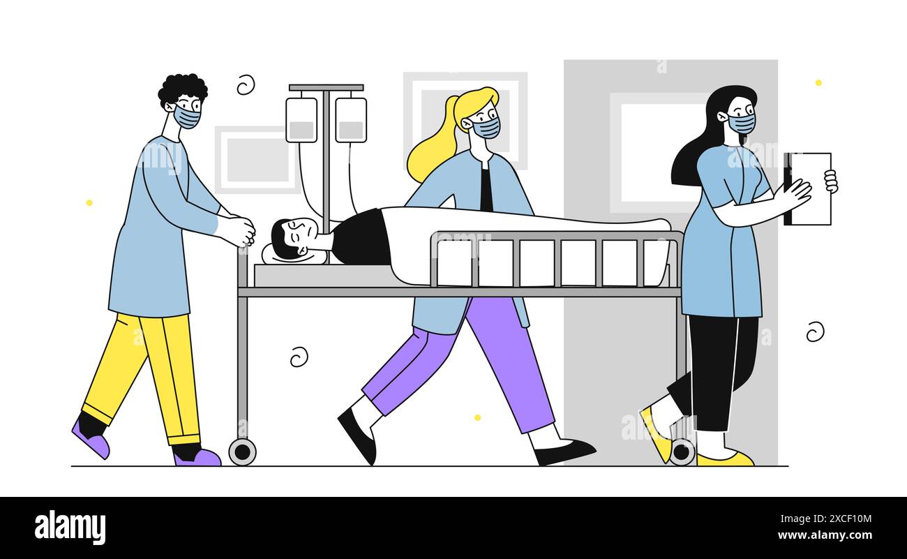 People in ambulance. Doctors take patient on gurney to operating room ...