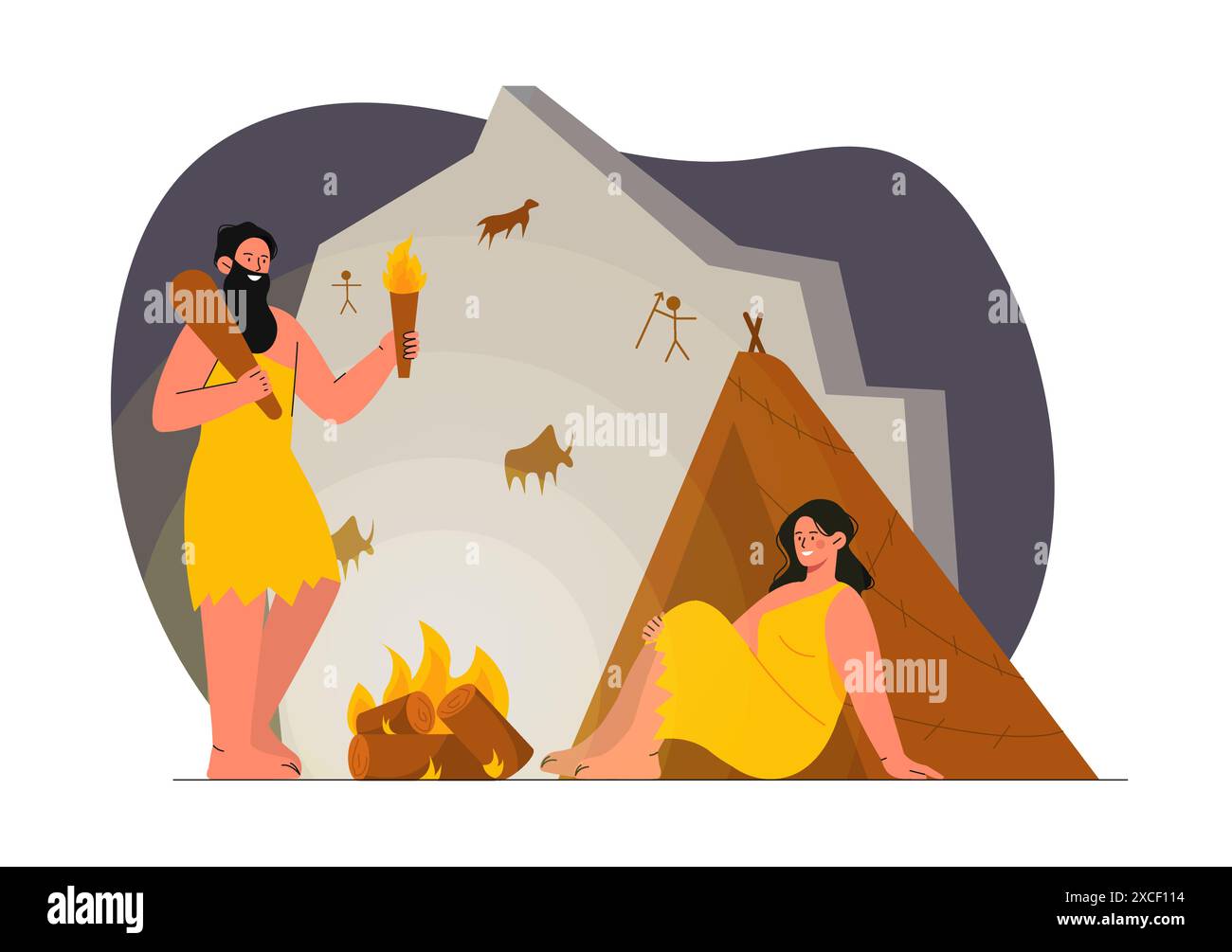 Ancient human in cave. Tribe people sitting near campfire. Man and ... Ancient human in cave. Tribe people sitting near campfire. Man and ...