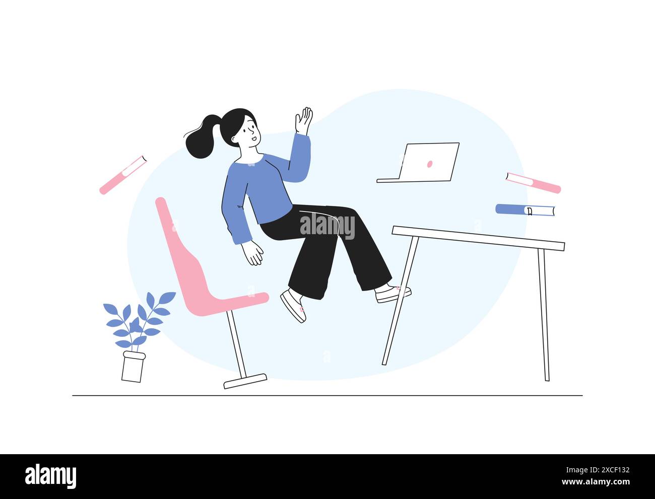 Woman in antigravity. Young girl falls off chair and hangs in air ...