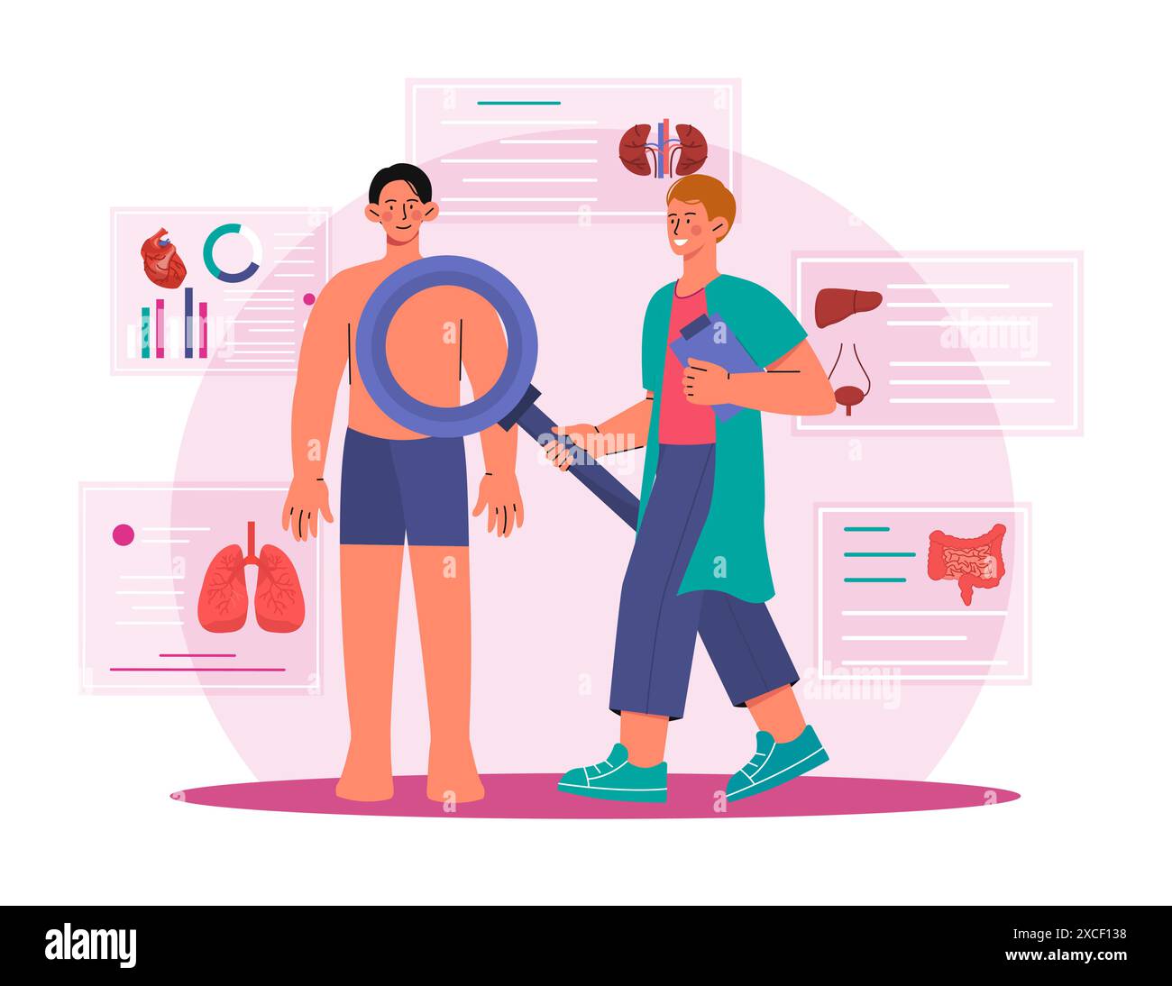 Doctor checking organs. Man with magnifying glass examining patient ...